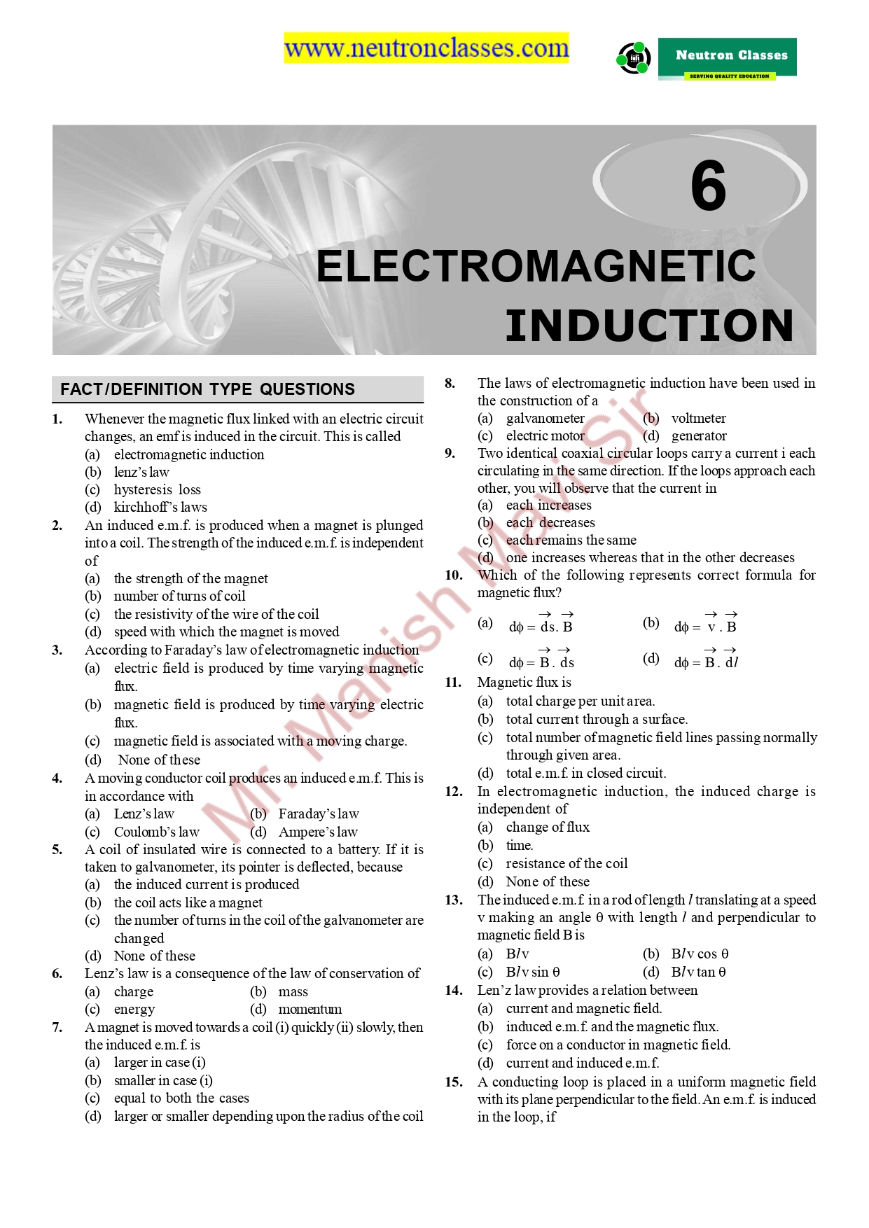 Electromagnetic Induction-Chapter 6-MCQ - Neutron Classes